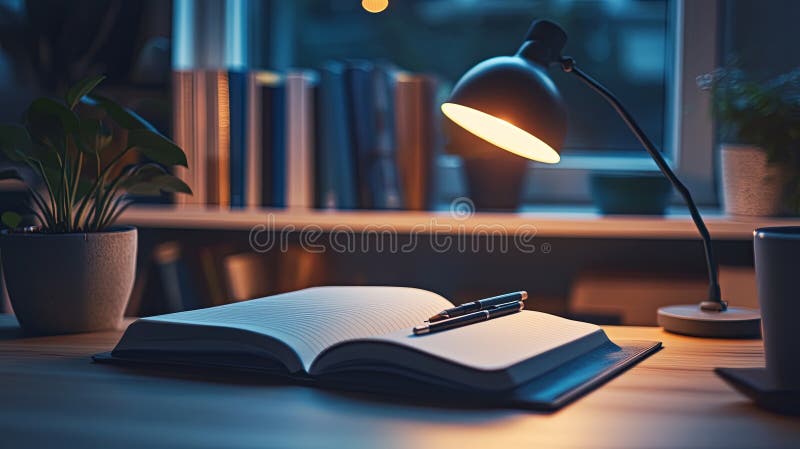 Minimalist Study Setup Open Notebook Pens Glowing Stock Photos - Free ...
