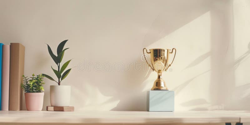 Minimalist Success Concept: Clean Desk with a Single Gold Trophy. Stock ...