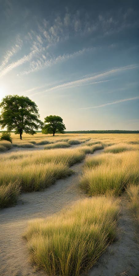 Minimalist Summer Landscape Basking Under the Bright Sun, Sparse Trees ...