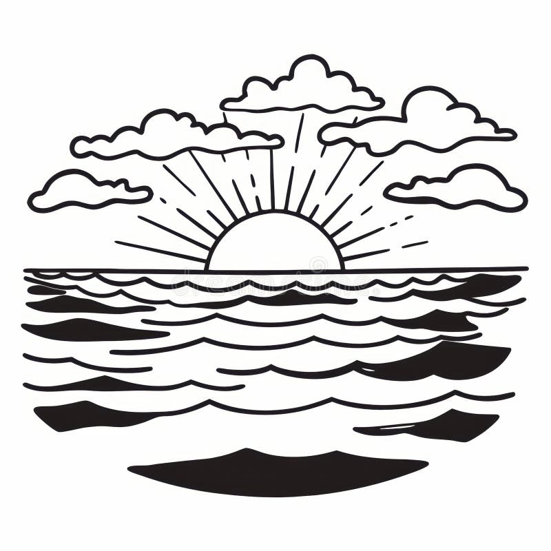 Minimalist Sunset Over Ocean with Clouds in Black and White Line Art ...