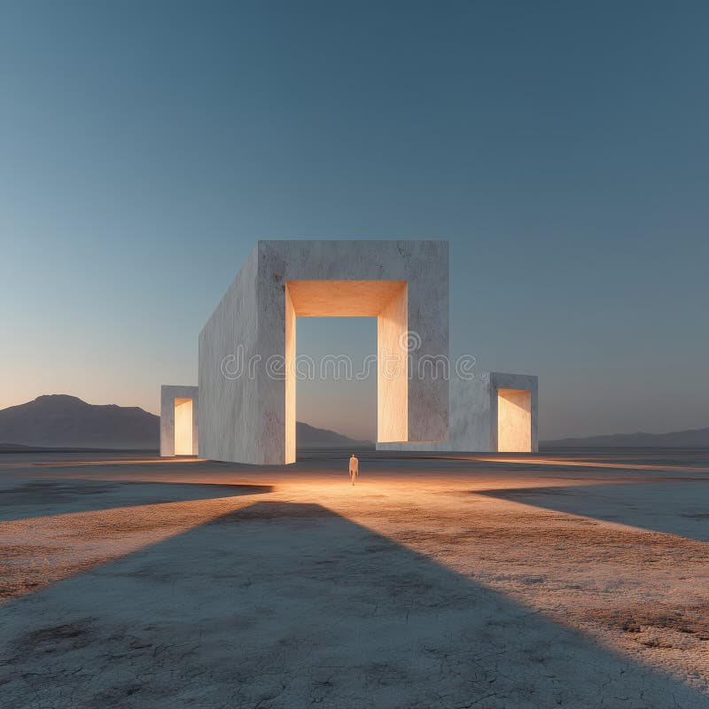 Minimalist Surreal Landscape with Giant Glowing Portals and Lone Figure ...