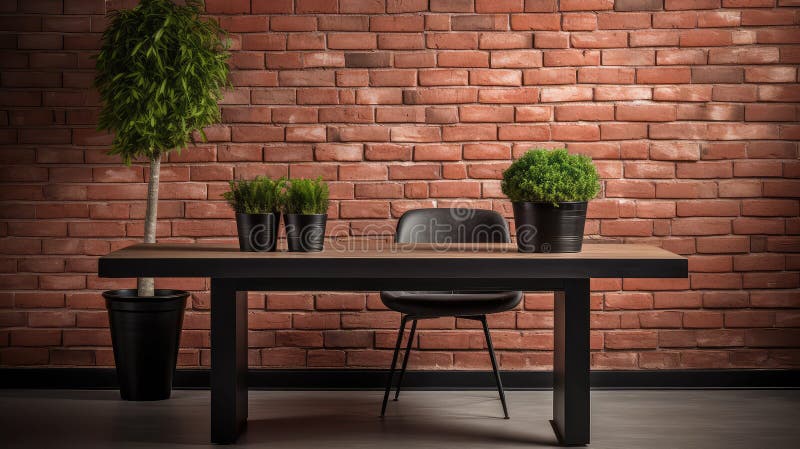 Minimalist Table Brick Wall Stock Image - Image of industrial, clean ...