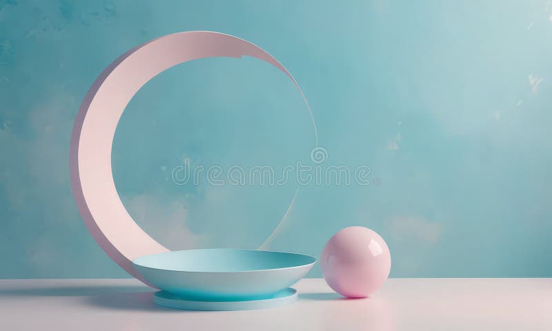 Minimalist Table Display Features Pink Crescent Moon, Blue Bowl, and ...