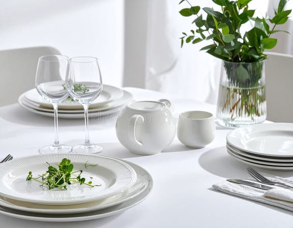 Minimalist Table Setting with Fresh Greens Stock Image - Image of lunch ...