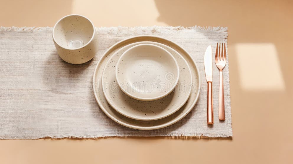 Minimalist Table Setting with Neutral Ceramic Dinnerware, Linen ...