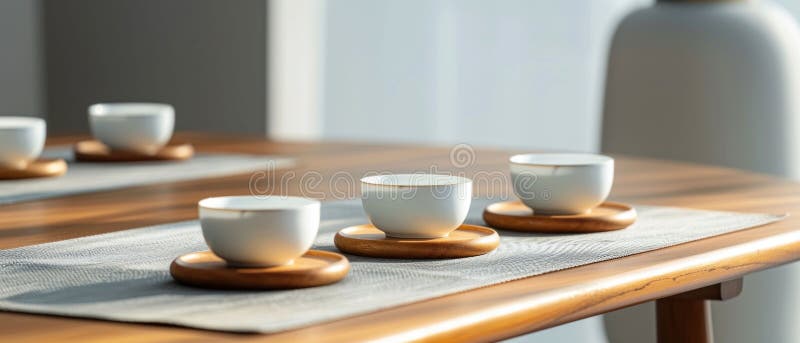 Minimalist Table Setting with Tea Cups and Wooden Coasters. Generative ...