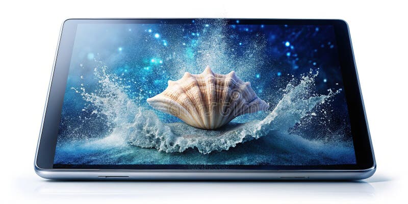 Minimalist Tablet with Dynamic Indigo Splash Futuristic Seashell Path ...