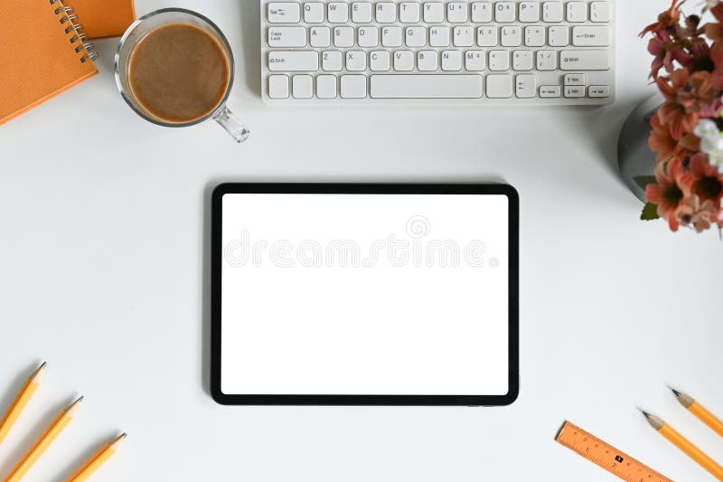 Minimalist Tablet Mockup on White Desk with Coffee, Productivity Focus ...
