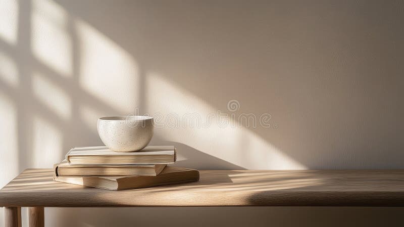 Minimalist Tabletop Arrangement Featuring a Stack of Books and White ...