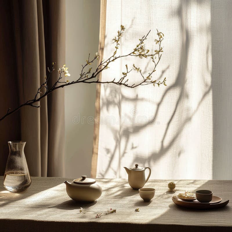 Minimalist Tea Set with Blooming Branch Shadow Stock Image - Image of ...