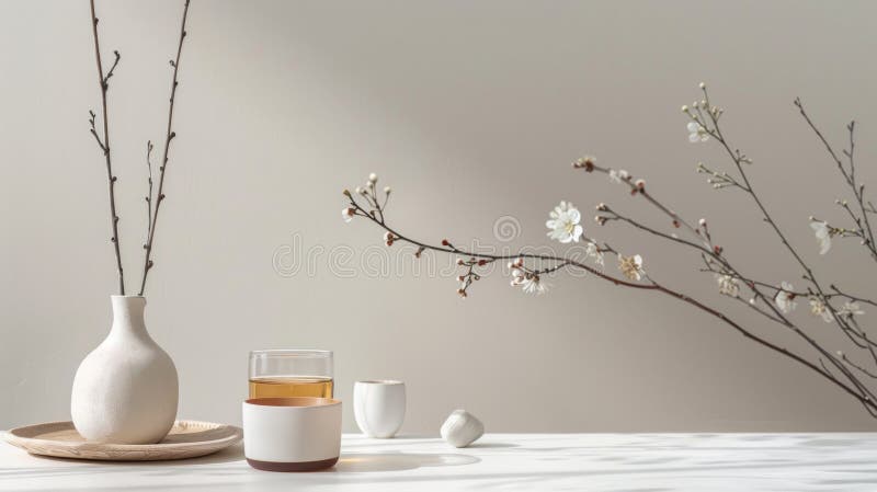 Minimalist Tea Set with Flower Branches Stock Photo - Image of calm ...
