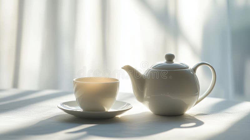 A Minimalist Tea Set with a Single Teapot and Matching Cup on a White ...