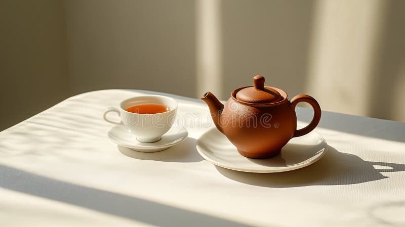 A Minimalist Tea Set with a Single Teapot and Matching Cup on a White ...