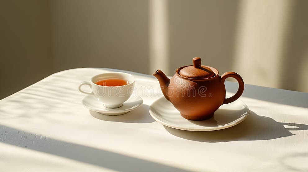 A Minimalist Tea Set with a Single Teapot and Matching Cup on a White ...