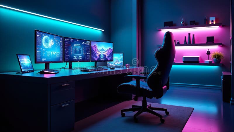 Minimalist Tech Office with Advanced Computer Setup Stock Illustration ...