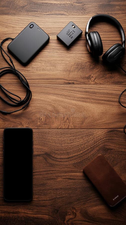 Minimalist Tech Setup, Headphones, Smartphone, Wallet on Wooden Surface ...