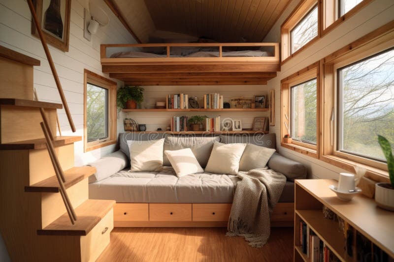 A Minimalist Tiny House Kitchen Crafted from Oak Wood, Featuring Open Storage Cabinets and ...