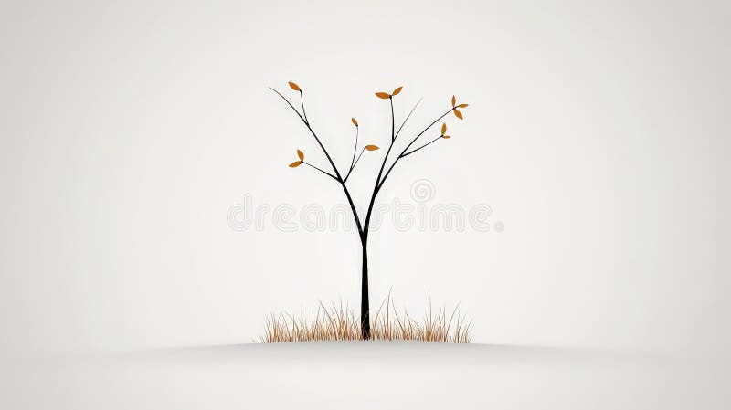Minimalist Tree Design with Autumn Leaves and Grass in a Soft Beige ...
