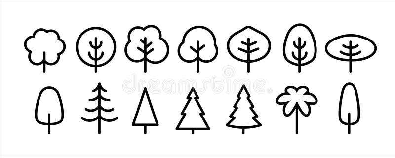 Minimalist Tree Icon Set with Different Shapes. Simple Linear Design ...
