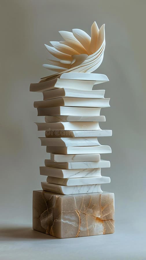 Minimalist Sculpture Features Stack White Books Cracked Marble Base ...