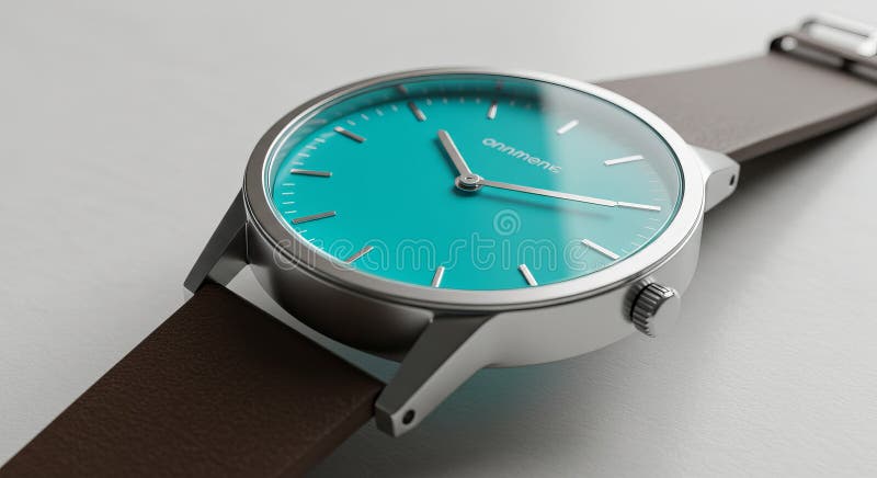 Minimalist Turquoise Watch with Brown Leather Strap on White Background ...