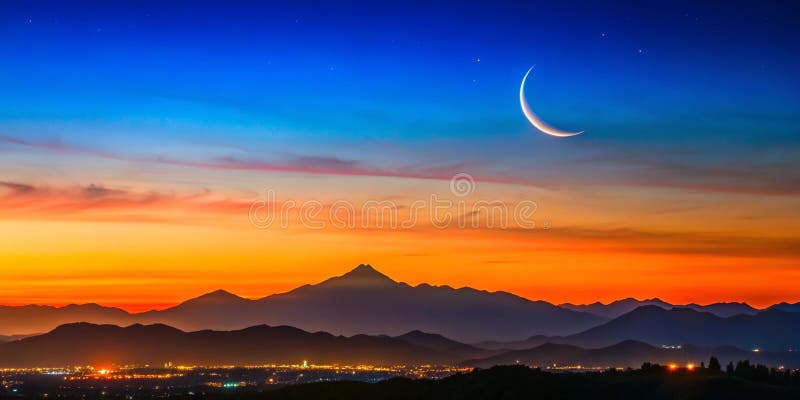 Minimalist Twilight Landscape with Crescent Moon Stock Illustration ...