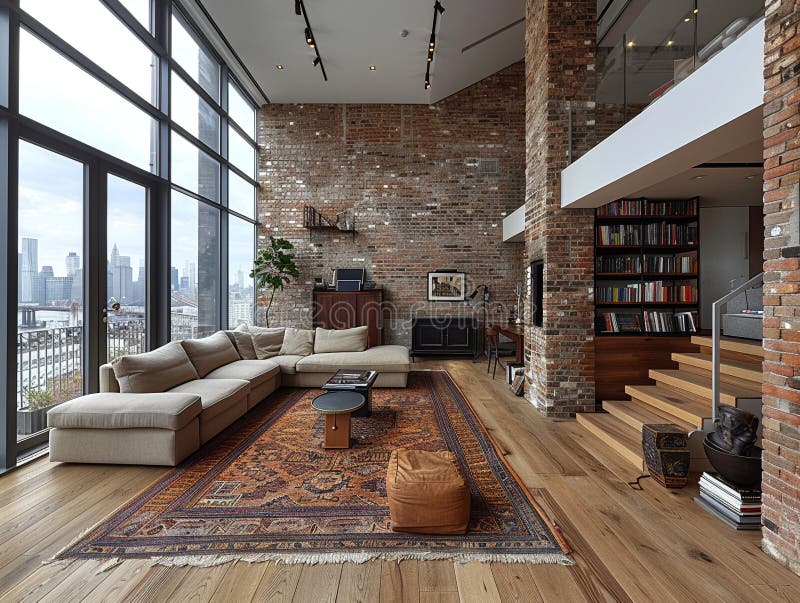 Minimalist Urban Loft with Exposed Brick and Large Stock Photo - Image ...