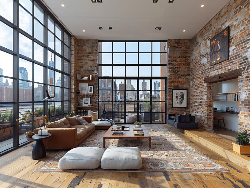 Minimalist Urban Loft with Exposed Brick and Large Stock Photo - Image ...