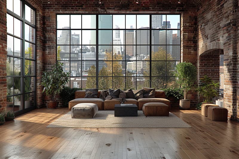 Minimalist Urban Loft with Exposed Brick and Large Stock Photo - Image ...
