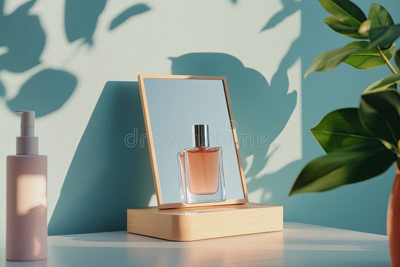 A Minimalist Vanity Setup with a Single Mirror and a Pastel Bottle of ...