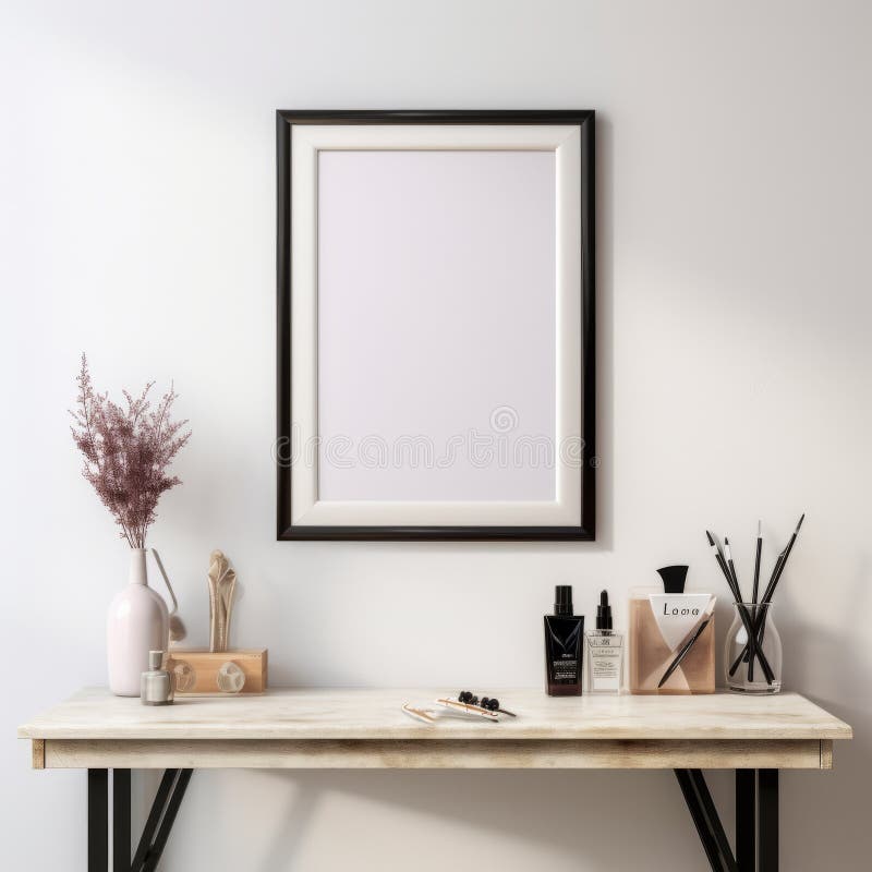 Minimalist Vanity Table with Frame and Mirror on White Wall Stock ...