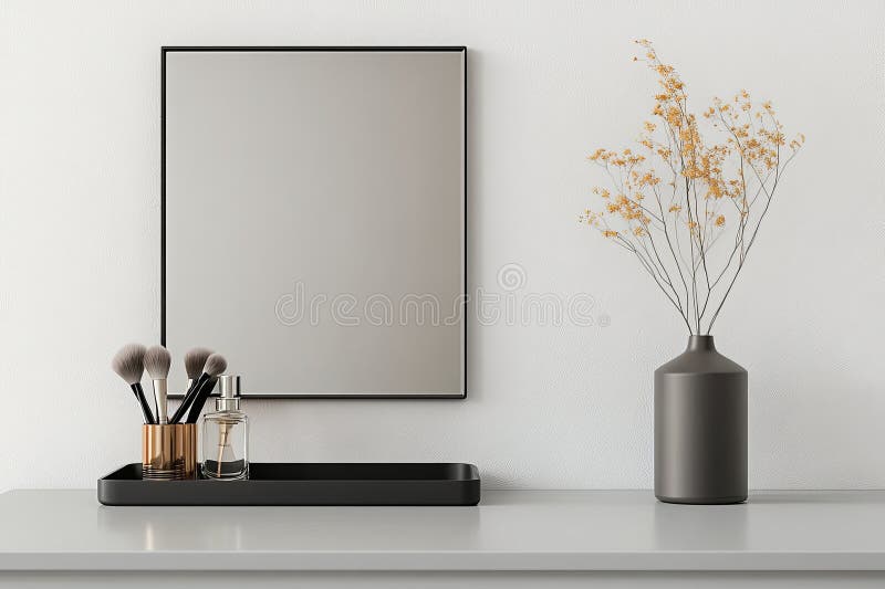 A Minimalist Vanity Table with a Small Tray Holding Perfume and Makeup ...