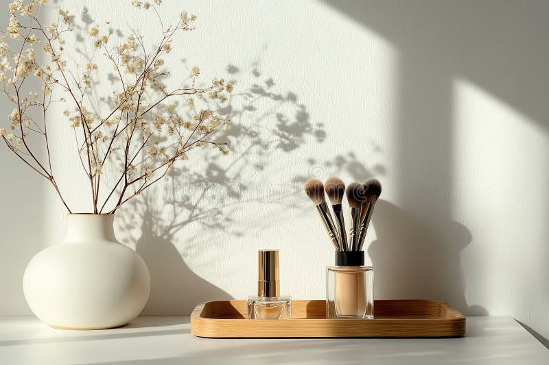A Minimalist Vanity Table with a Small Tray Holding Perfume and Makeup ...