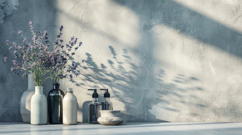 Minimalist Vases and Soap Dispensers with Shadow Play Stock Photo ...