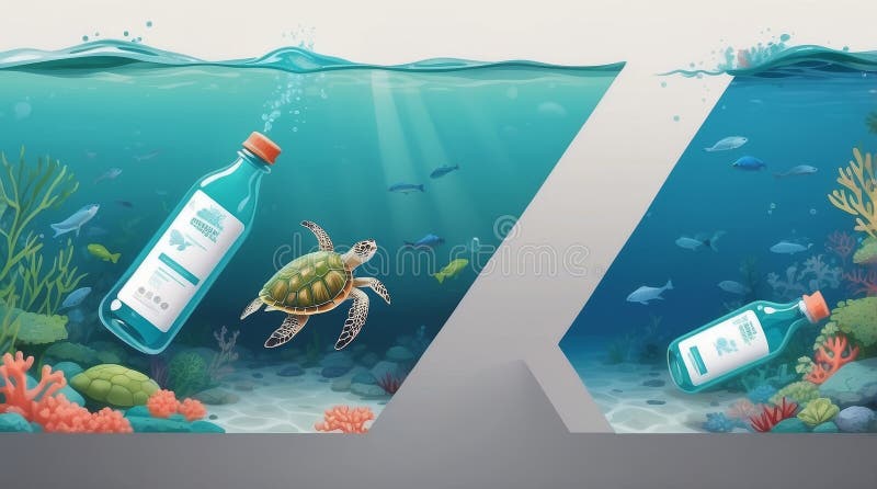 Minimalist Vector: Diagonal Split Ocean - Plastic Pollution Vs. Clean Sea with Turtles ...