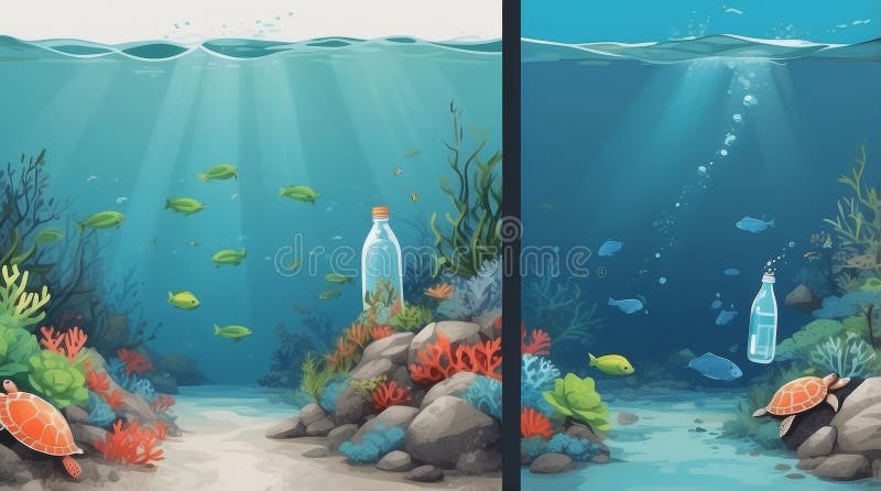 Minimalist Vector: Diagonal Split Ocean - Plastic Pollution Vs. Clean ...