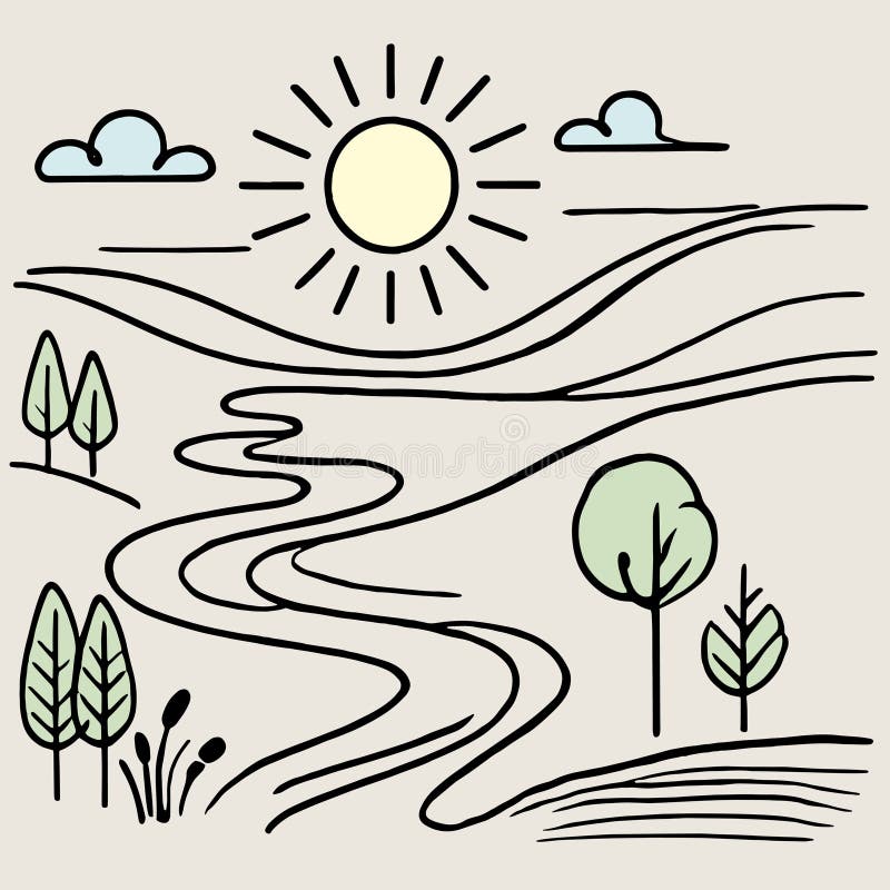 Minimalist Vector Illustration of a Sunny Landscape with a Wavy River ...