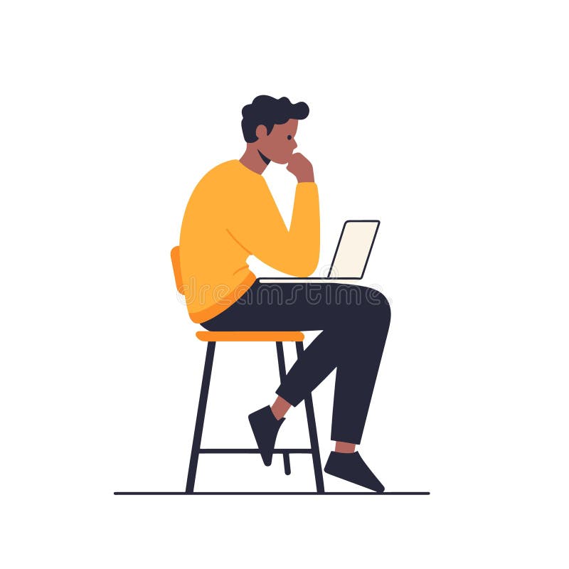 Minimalist Vector of Man Sitting on a Stool Laptop on Lap Thinking ...