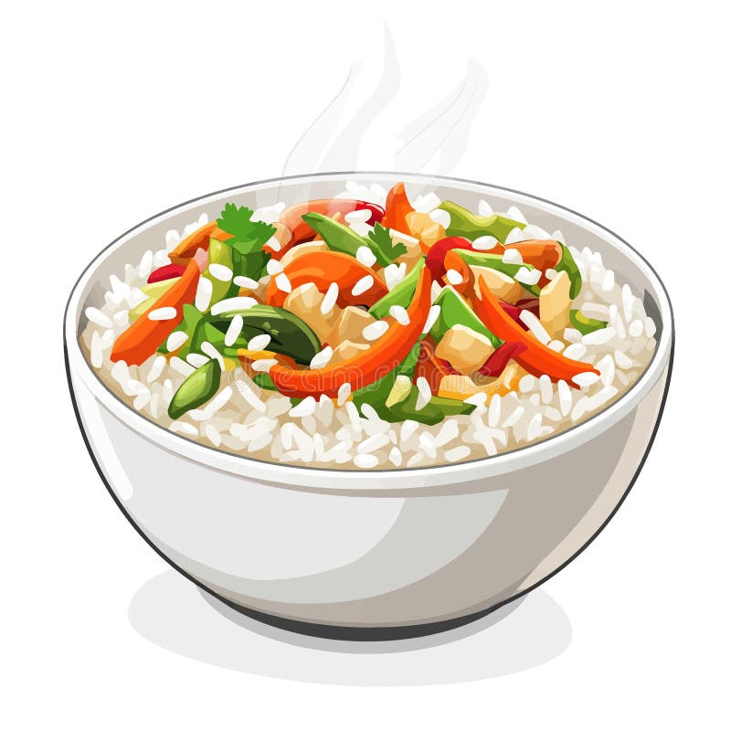 Minimalist Vector of a Steaming Bowl of Rice Topped with Stir-fried ...