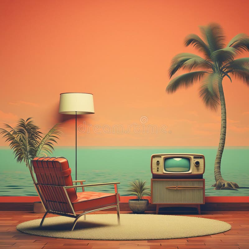 Minimalist Vintage Beach Scene with Retro Decor Elements Stock ...