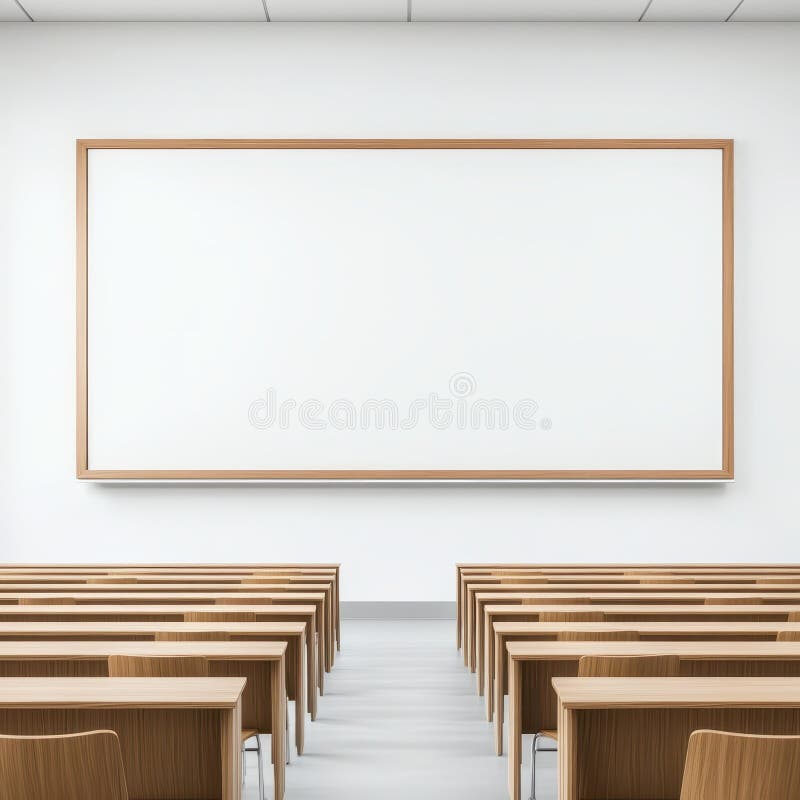 Minimalist Virtual Classroom Design with Empty Wooden Desks and Blank ...