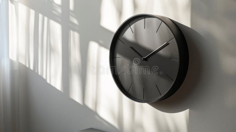 Minimalist Wall Clock Casting Shadows in Sunlight on White Wall. Stock ...