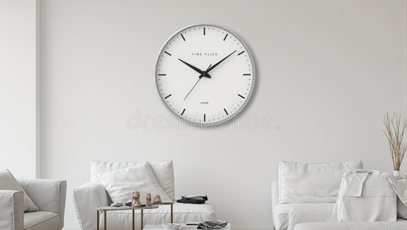 Minimalist Wall Clock with Time Flies Text in Modern Living Room Stock ...