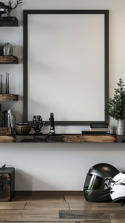 A Minimalist Wall Display Featuring a Blank Frame Above a Rustic Wooden ...