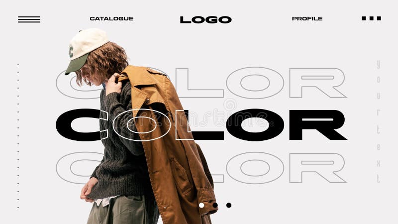 Minimalist Web Layout. Man in Oversized Brown Trench Coat, Green ...