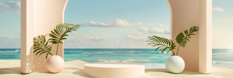 Minimalist White Archway with Palm Plants Overlooking a Beach Scene ...