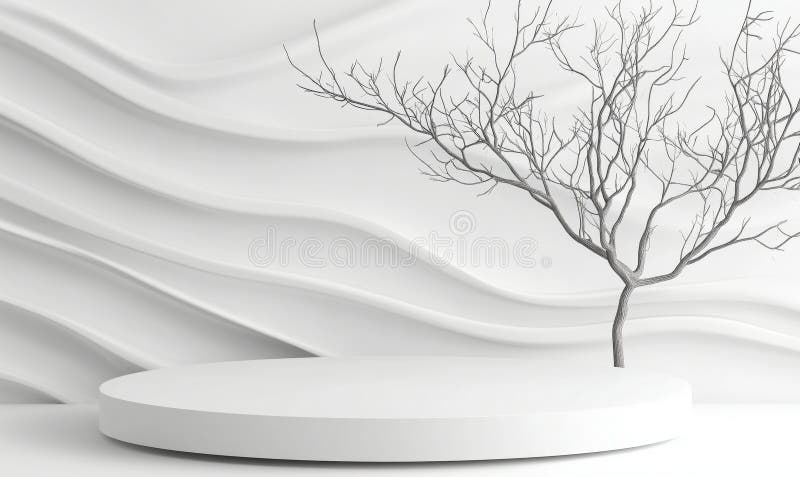 Minimalist White Background with Abstract Waves and Bare Tree Stock ...