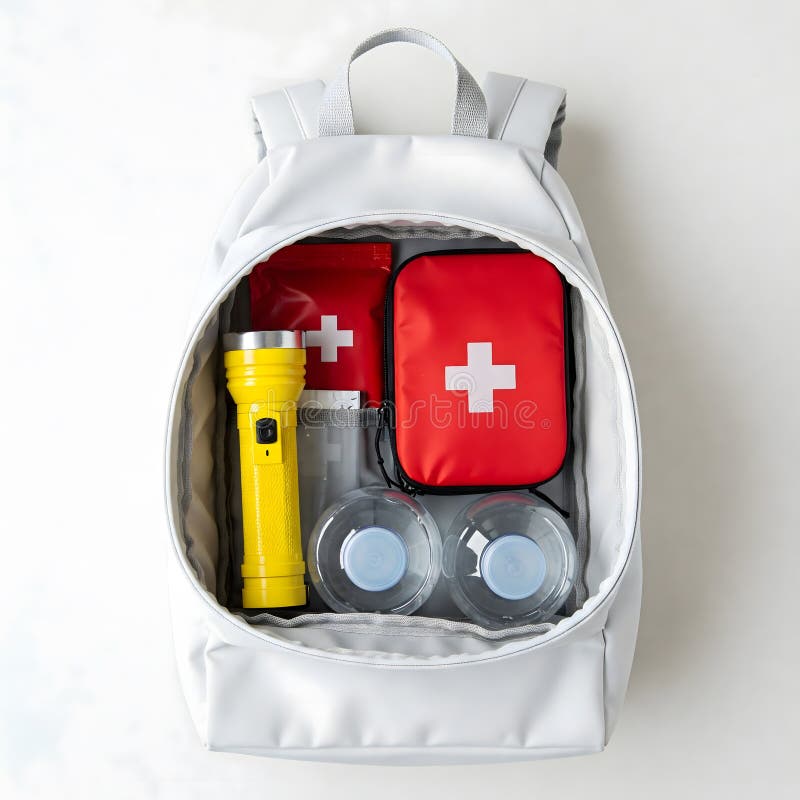 A Minimalist White Backpack, Open, Revealing a Yellow Flashlight, Two ...