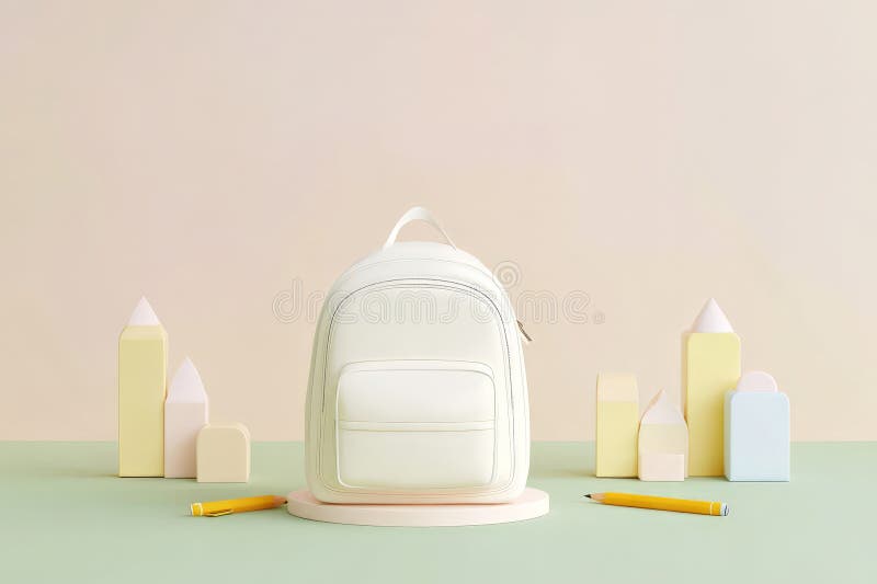 Minimalist White Backpack with Stationery and Pastel Geometric Shapes ...