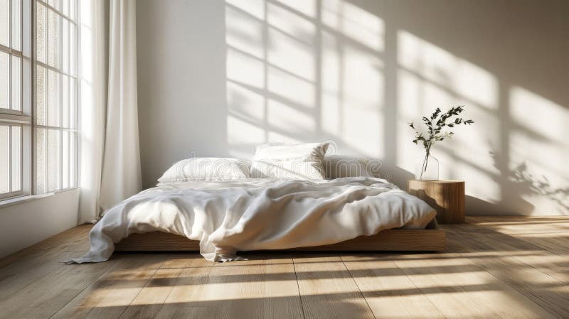 Minimalist White Bedroom with Sunlight Streaming through Window Stock ...